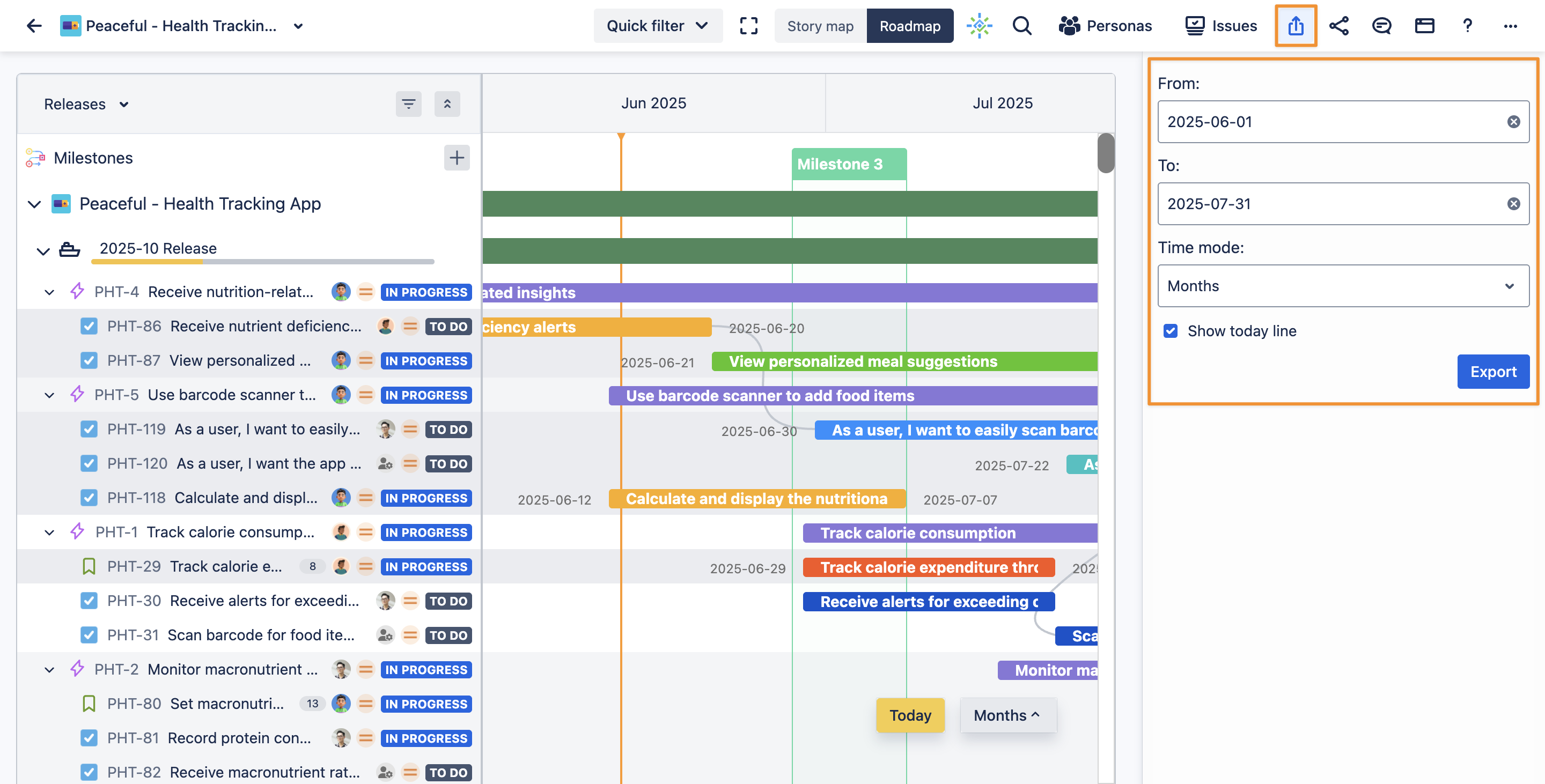 Exporting roadmap data